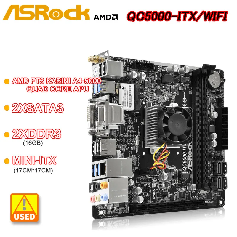 ASRock QC5000 ITX WiFi 마더보드 AMD FT3 Kabini A4 5000 쿼드 코어 APU DDR3 16GB USB3.1 Mini ITX 통합 AMD ...