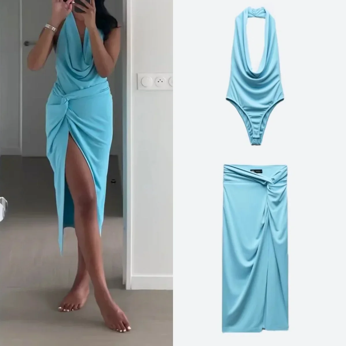 2024-Elegant-Women-Halter-Bodysuit-Sets-Summer-Female-Folds-Sleeveless ...