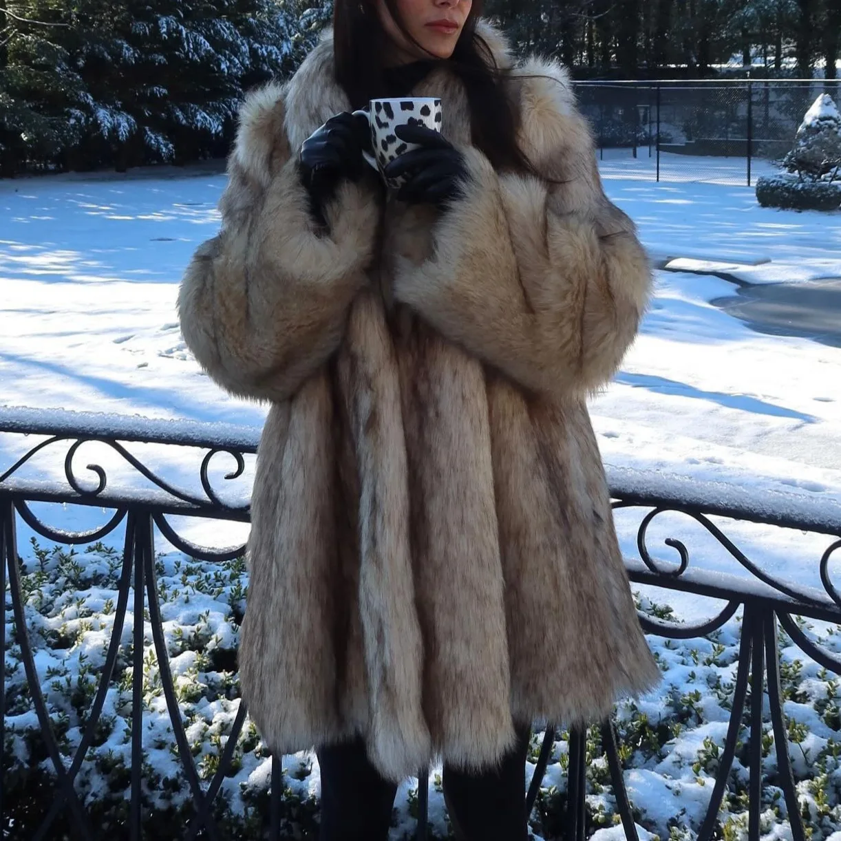 Women Faux Fur Coat Short Jacke Long Sleeve Fur Turn Down Collar Open ...