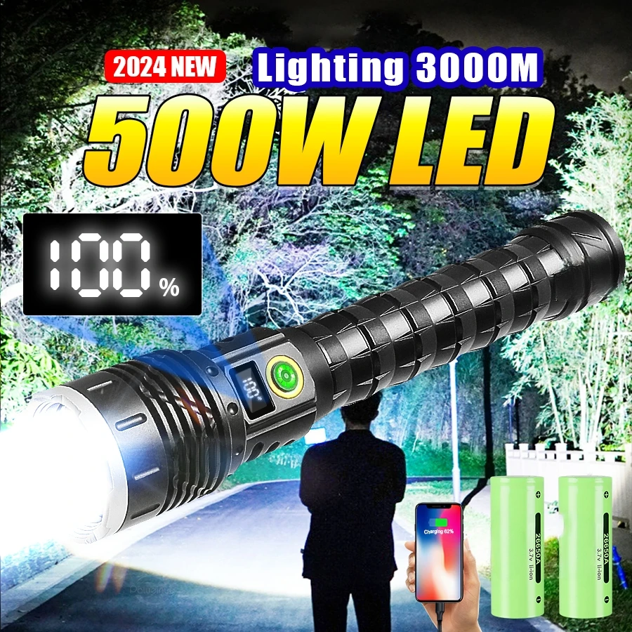 Most Powerful LED Flashlight 18650 USB Rechargeable Flash Light Long ...