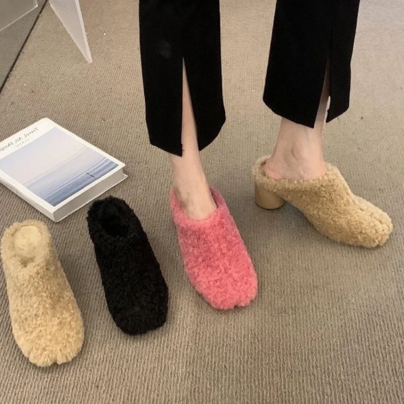 Fur Lambswool Heeled Slippers Woman Luxury Solid Color Horse Hair Round ...