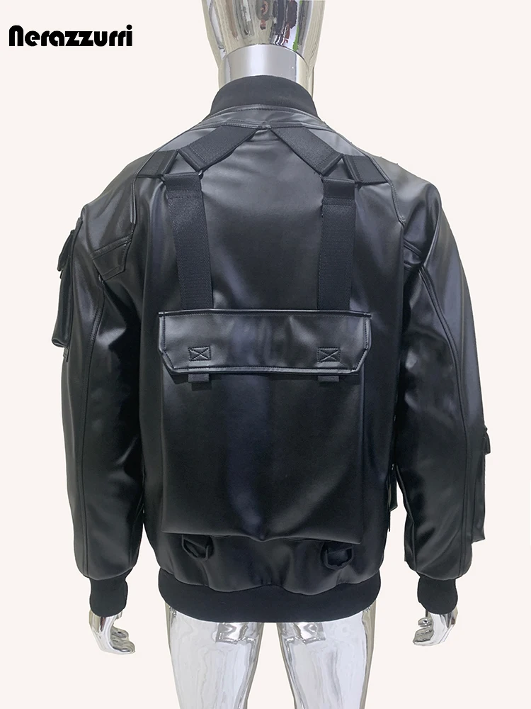 Nerazzurri Autumn Cool Handsome Waterproof Black Pu Leather Cargo ...