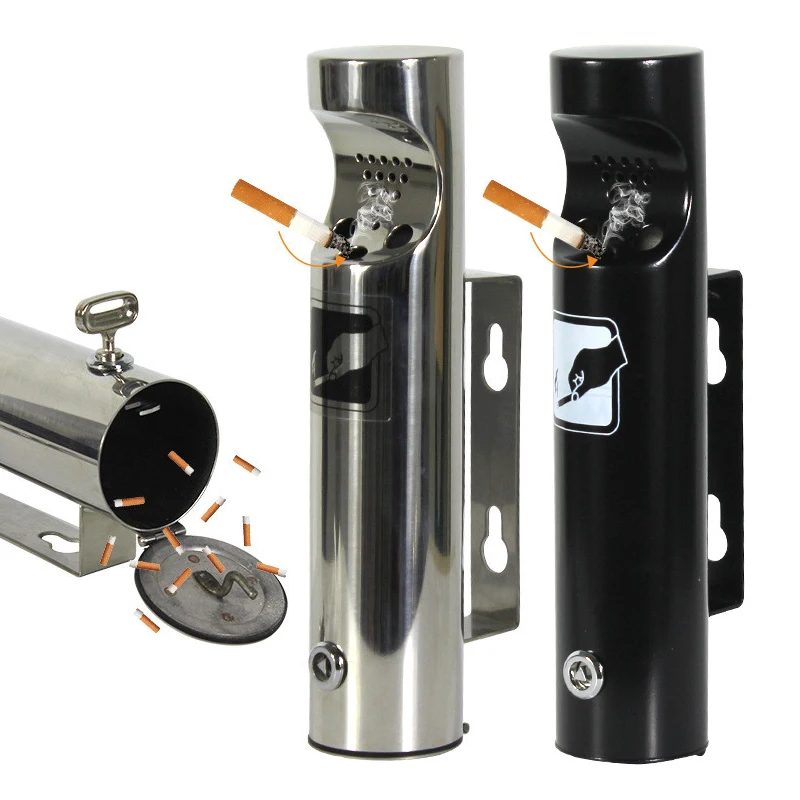 Wall-Mounted-Stainless-Steel-Ashtray-Lockable-Cylinder-Cigarette-Ash ...