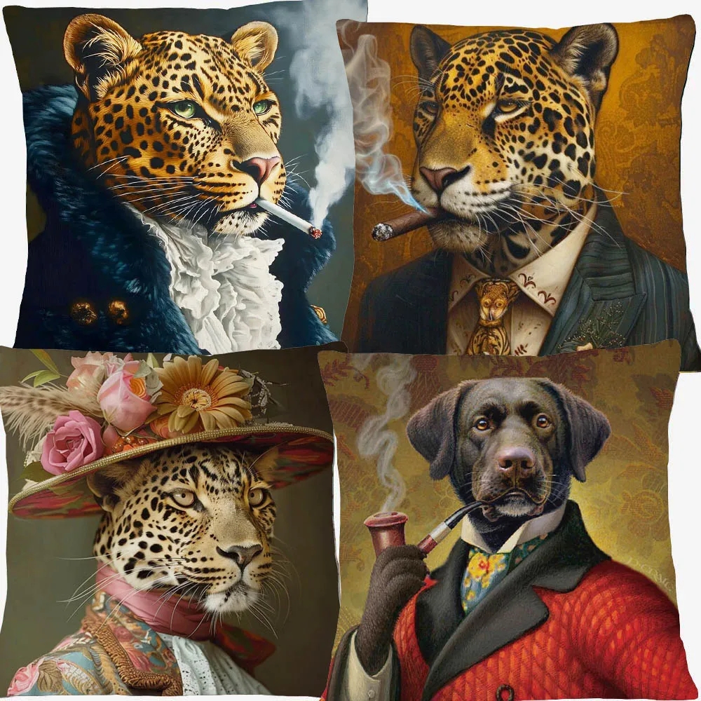 European Vintage Cheetah Gothic Animals Portrait Cushion Covers Flower ...