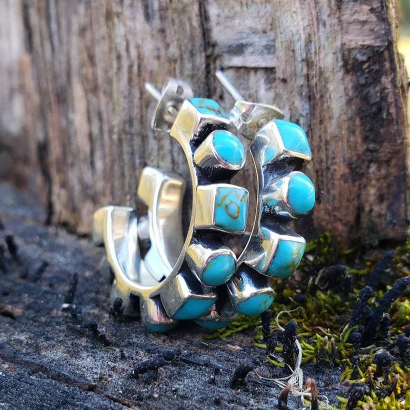 Bohemian Natural Stone Loop Earrings Women Jewelry Geometric Round Blue ...
