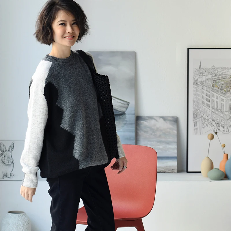 MICOCO-M0075C-Korean-version-of-simple-color-blend-loose-and-round-neck ...