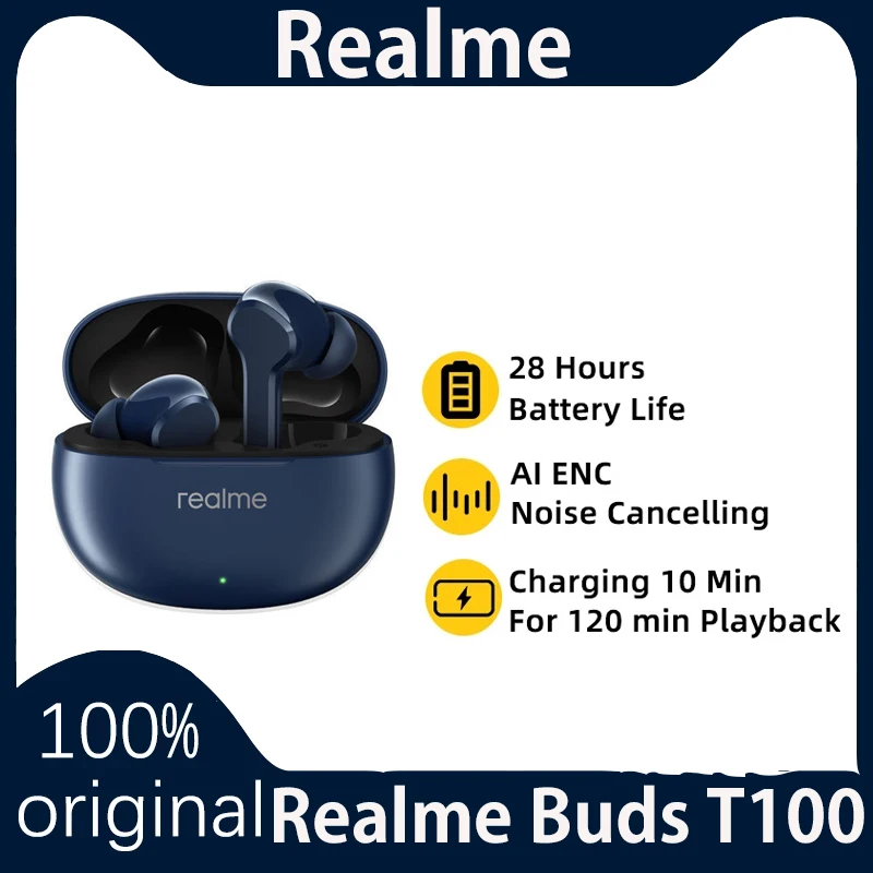 Realme Techlife Buds T100 Bluetooth 5.3 Ai Enc Ture Wireless Headphones ...