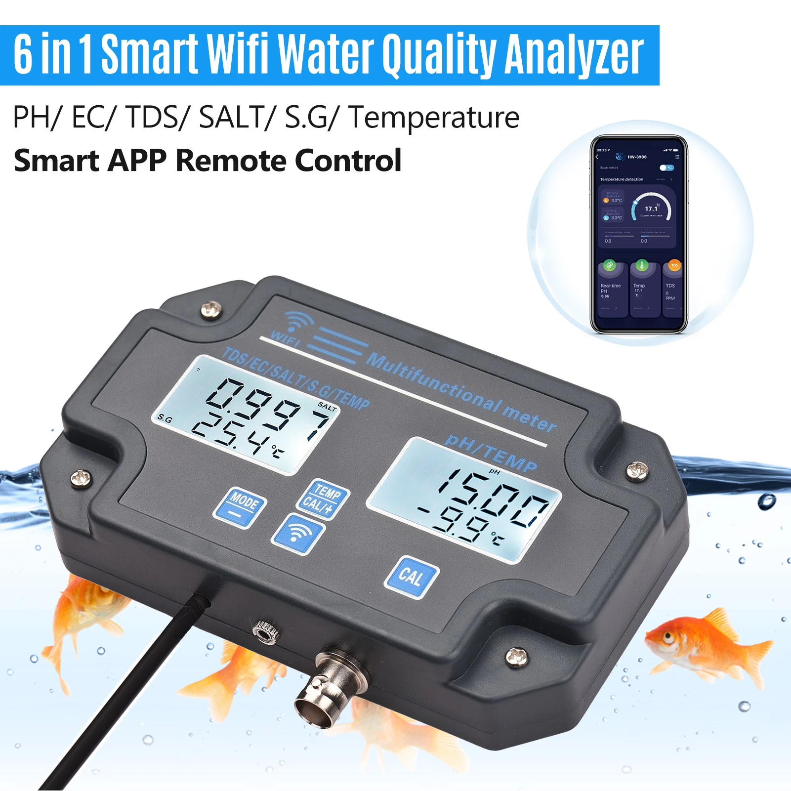 6in1 Wall Mounted Digital Water Quality Tester PH/ EC/ TDS/ SALT/ S.G ...