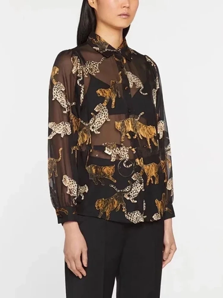 Women Turn Down Collar Tiger Leopard Print Shirt 2022 Spring Summer