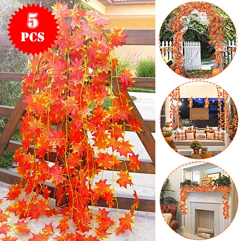 5PCS-Simulation-Red-Maple-Leaf-Rattan-Autumn-Thanksgiving-Halloween-Christmas-Decoration ...