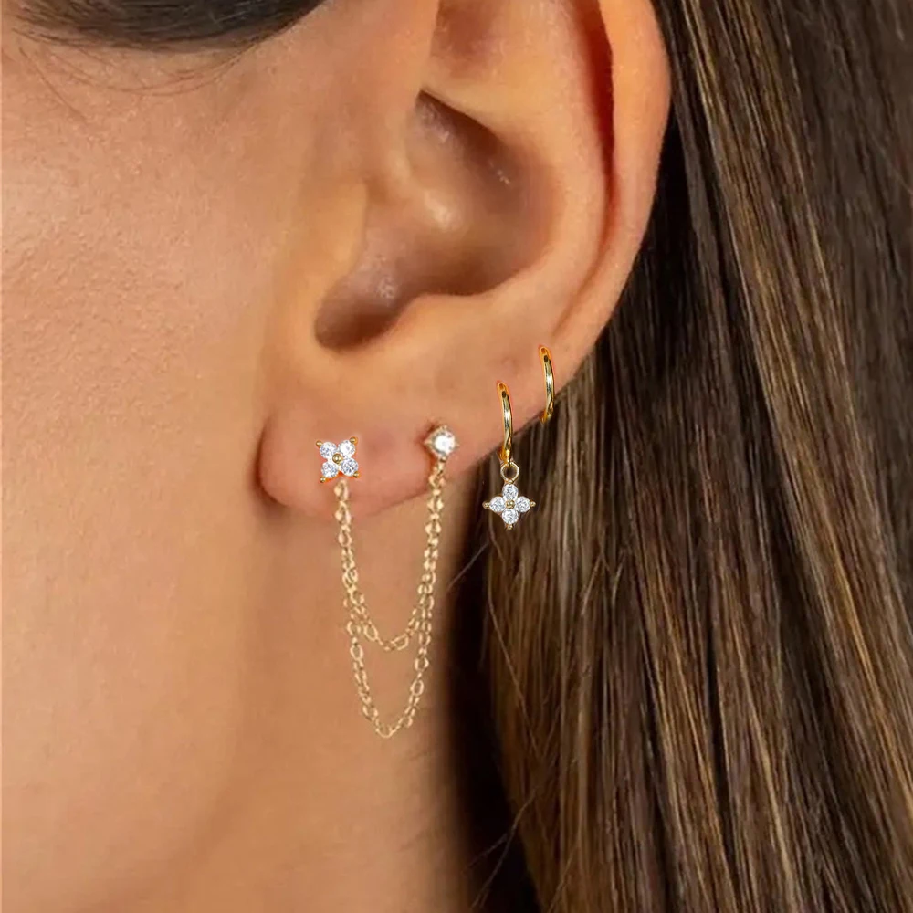 3PCS New Design Four Crystal Flower Pendant Hoop Earrings Set For Women ...