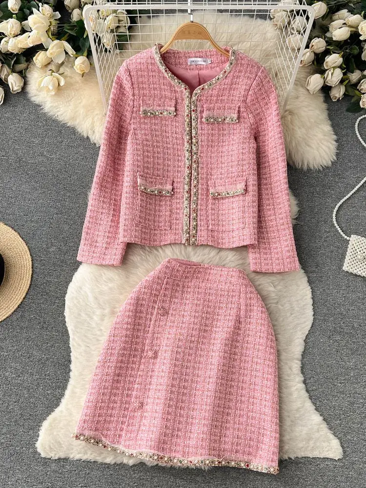 Vintage Beading Tweed Suit Women's Long Sleeve Woolen Diamonds Plaid ...