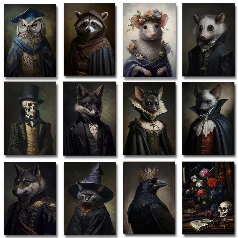 Pintura en lienzo de animales góticos en vestido, Vintage, cuervo ...