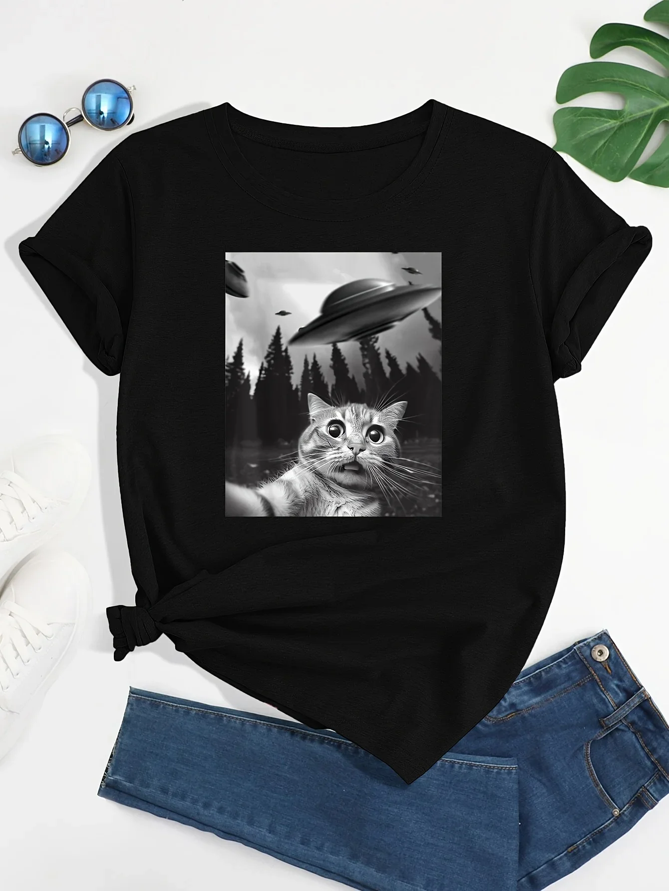 Cat-UFO-Print-Crew-Neck-T-Shirt-Casual-Short-Sleeve-T-Shirt-For-Spring ...