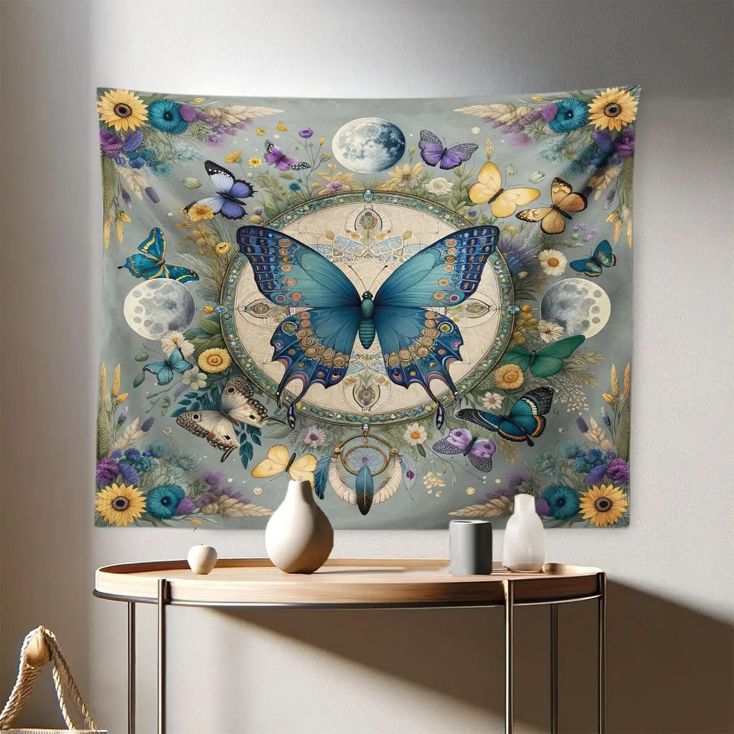 Blue Butterfly Moon Mandala Wall Tapestry 2D Flat Print Boho Decor ...