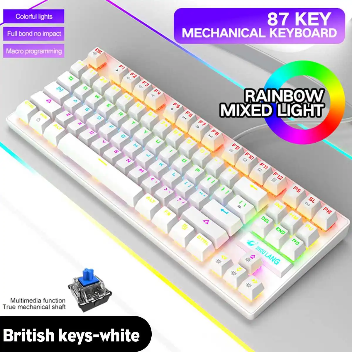 87 Keys Wired Game Mechanical Keyboard Green Axis Rainbow Backlight ...