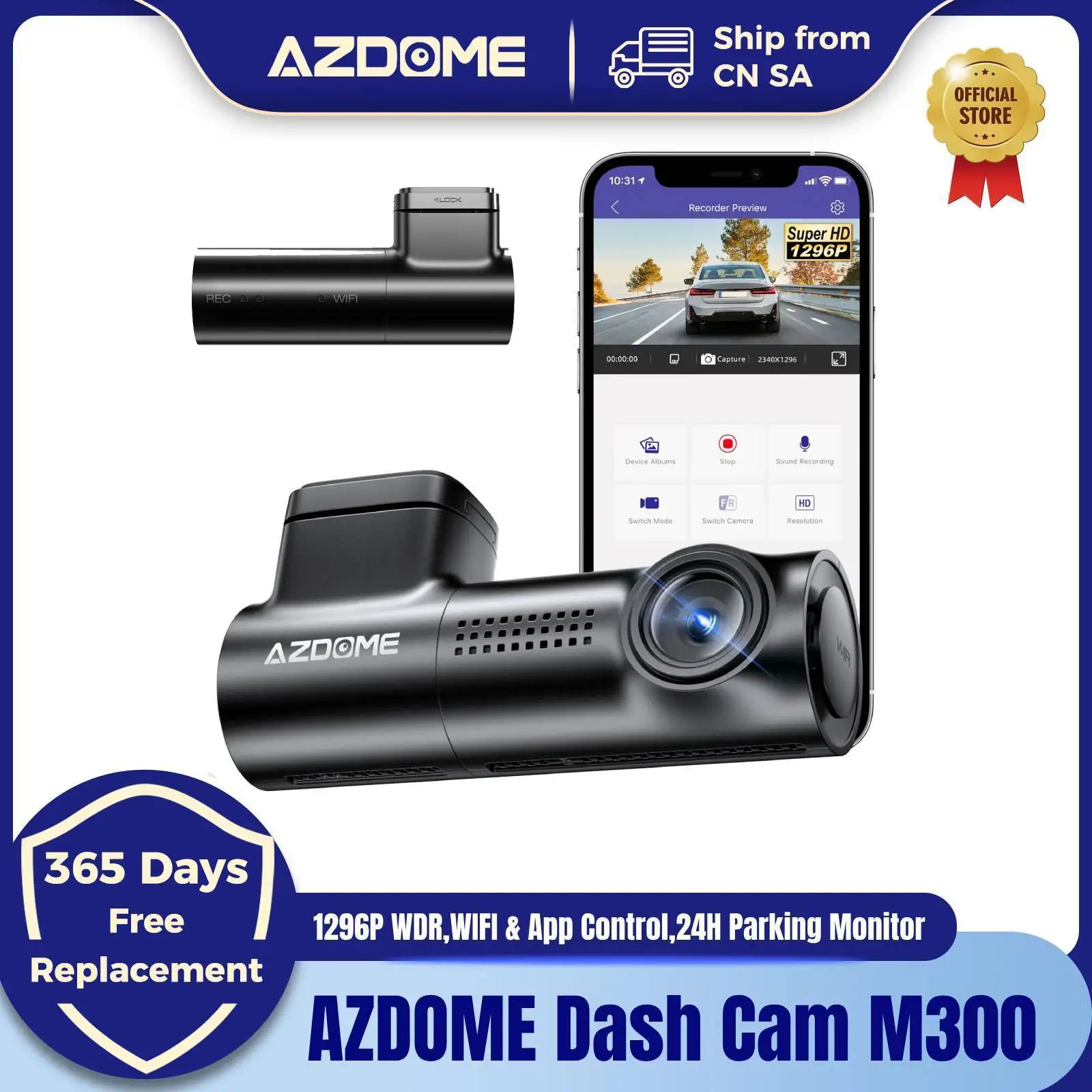 AZDOME-Dash-Cam-M300-1296P-WDR-Car-DVR-150-FOV-WIFI-App-Control-Dash ...