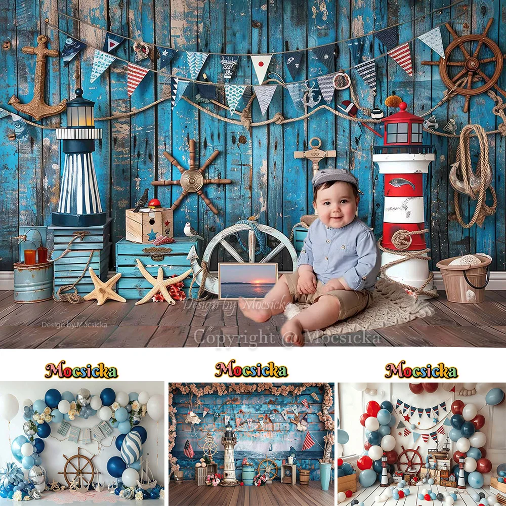 Boy 1st Birthday Nautical Theme Party Background Blue Wooden Board ...