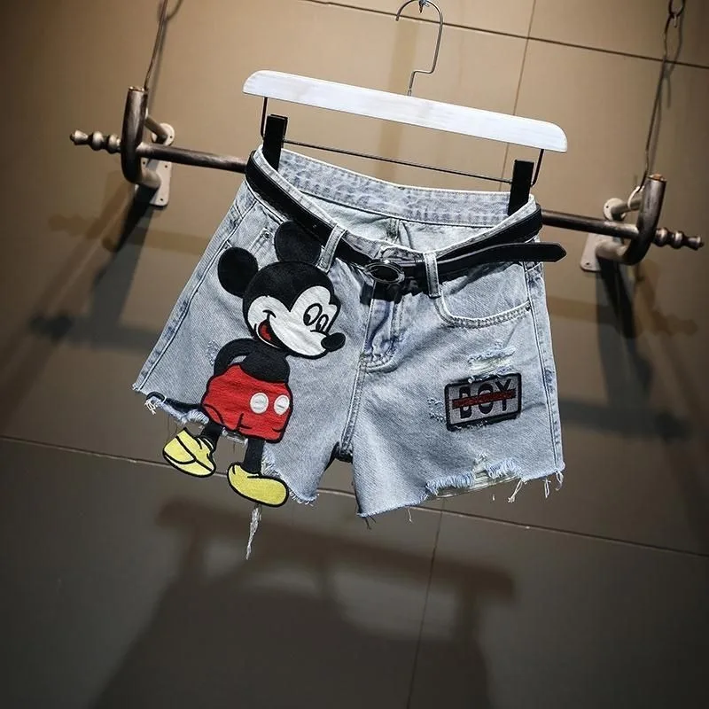 Cartoon-Mickey-Mouse-Embroidered-Hole-Light-colored-Denim-Shorts ...