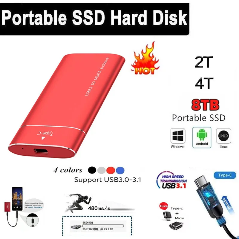 Disco rígido portátil 8t unidades de estado sólido externo eletrônico usb3.1 ssd portátil para ...