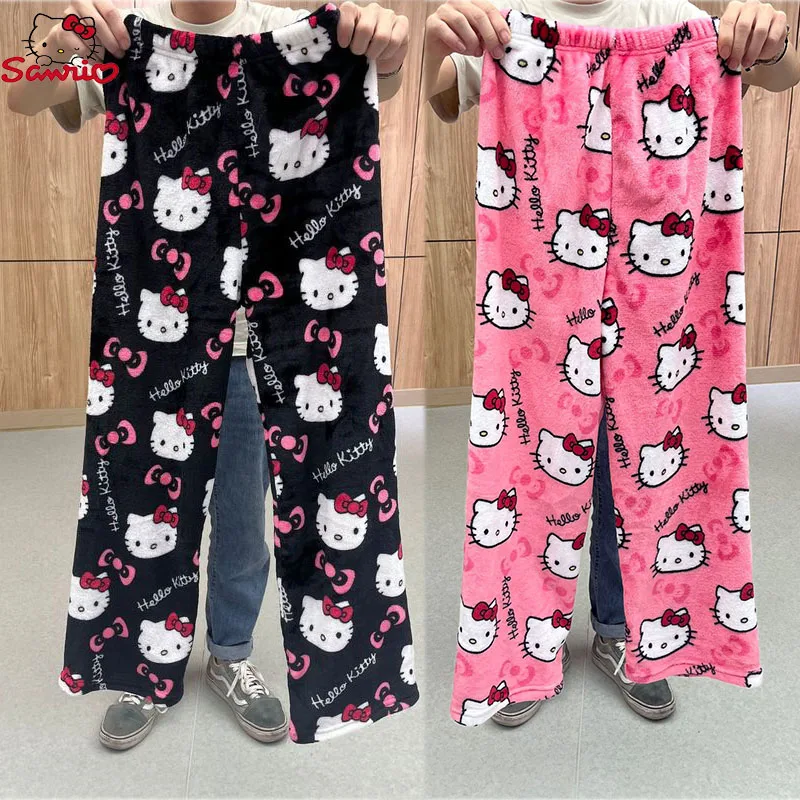 Sanrio Hello Kitty Pajamas Pants Black Flannel Women Kawaii Woolen White Cartoon Casual Home ...