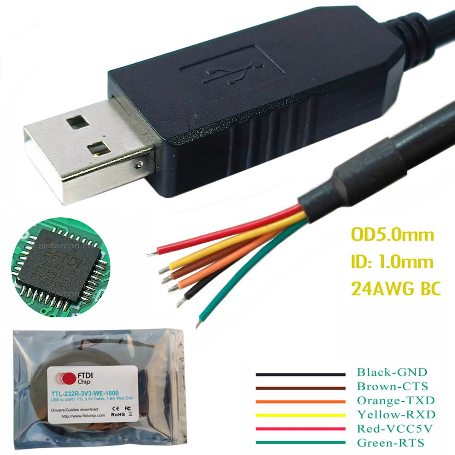 FTDI/FT232R USB to UART/TTL-232R-3V3-WE/Wire End/Open/Pigtail/Serial ...