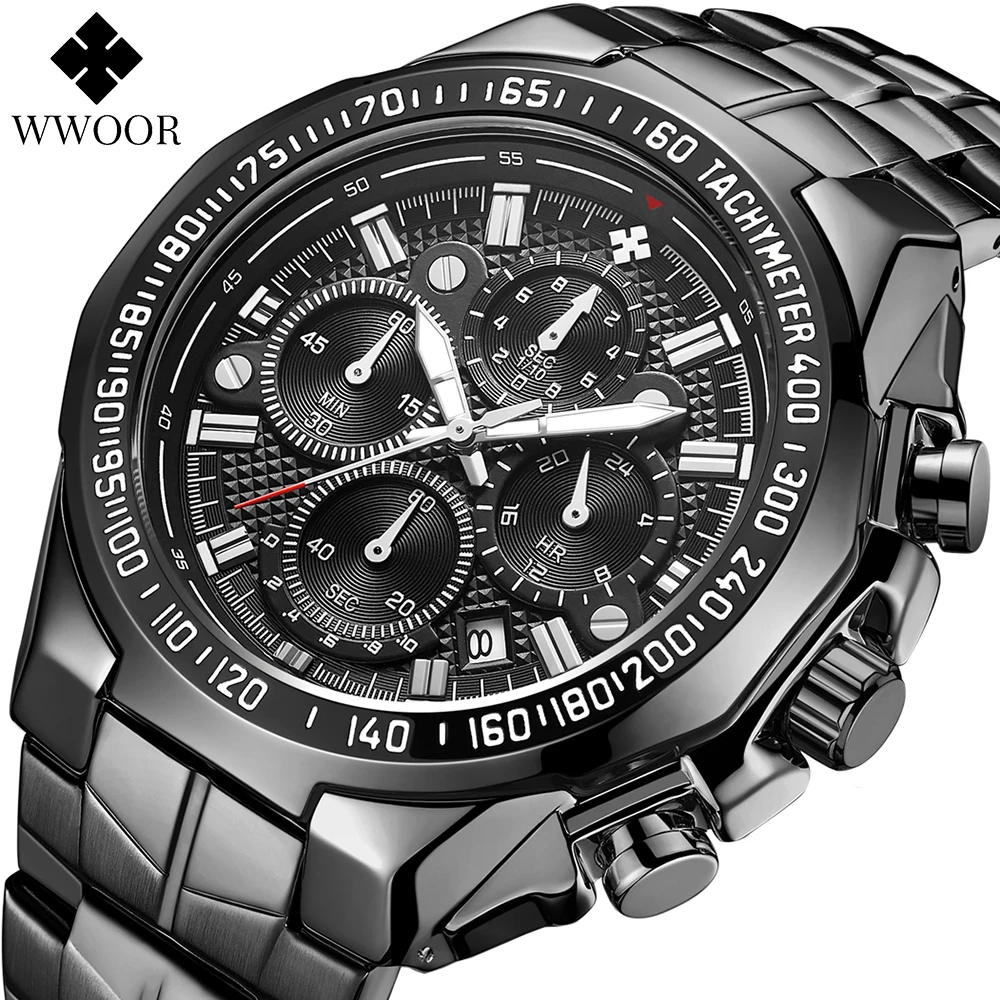WWOOR Fashion Military Big Watches For Men Full Black Sport Quartz ...