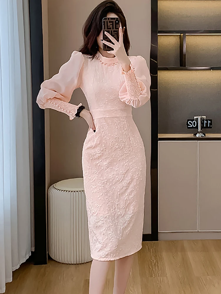 Vestido-de-chiffon-jacquard-rosa-longo-para-mulheres-vestido-casual ...