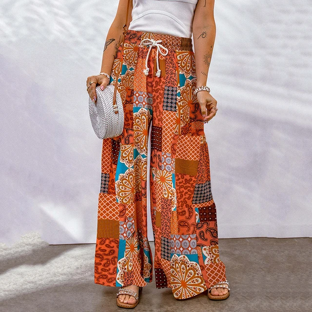 Casual Loose Drawstring Elastic Waist Wide Leg Pants Bohemian Style ...