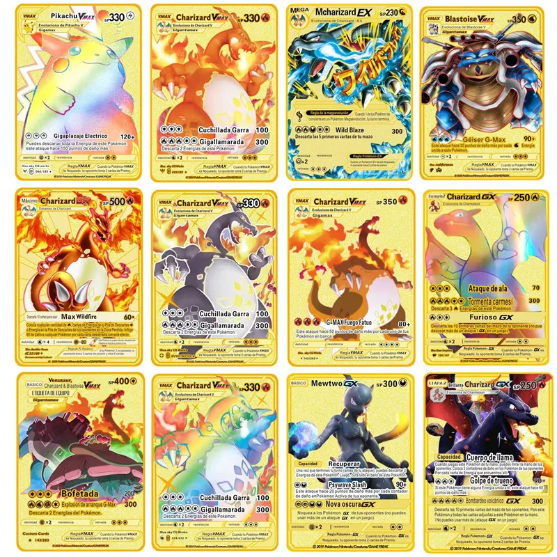 English Espanol Version 6-12 Pcs/Set Pokemon Metal Card Anime Figure ...