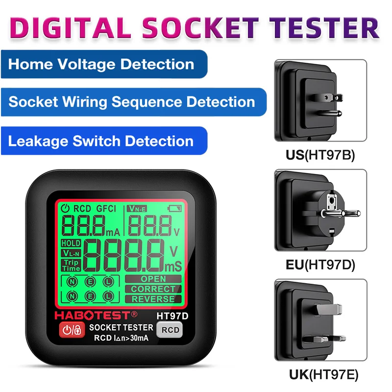 Professional Socket Tester Voltage Test EU/UK/US Plug Digital Outlet ...