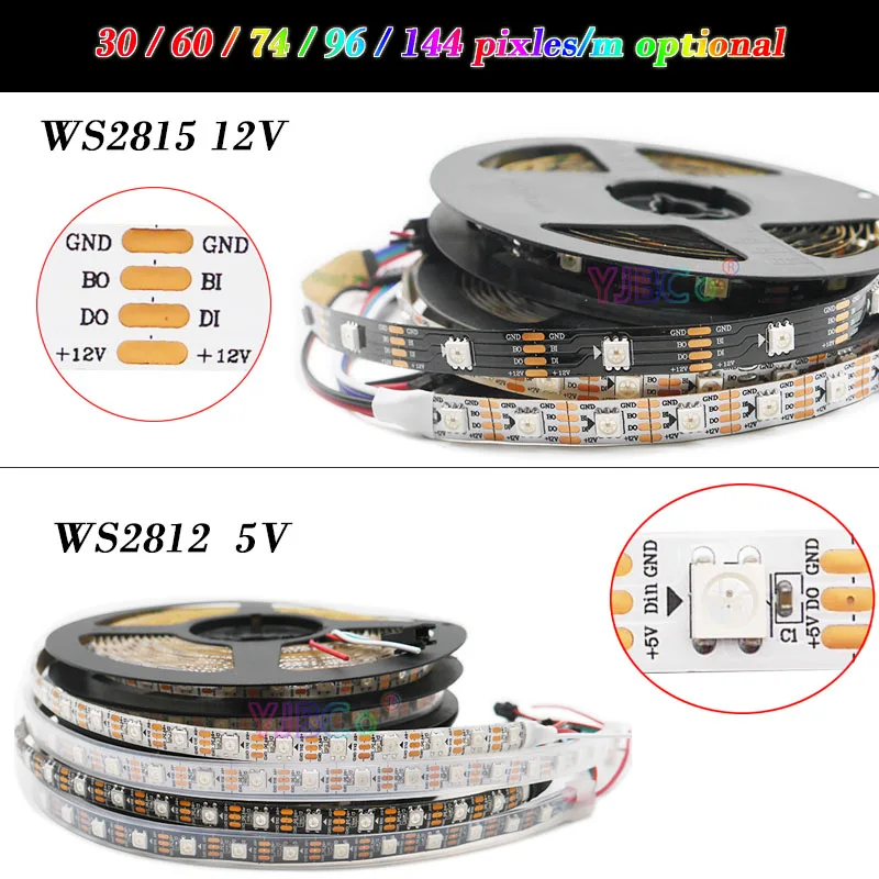 1 ~ 5m WS2815 WS2812B WS2812 5050 RGB 픽셀 LED 스트립 테이프, 30/60/74/96/144 ...