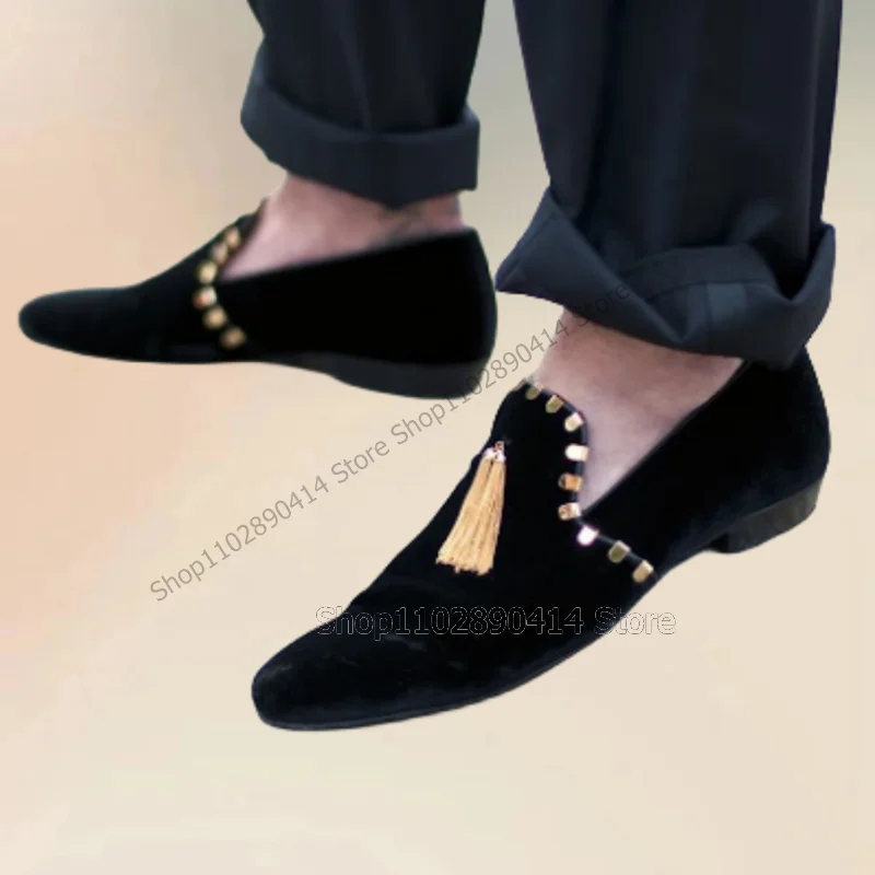 Gold-Rivets-Tassels-Decor-Black-Flock-Penny-Loafers-Fashion-Slip-On-Men ...
