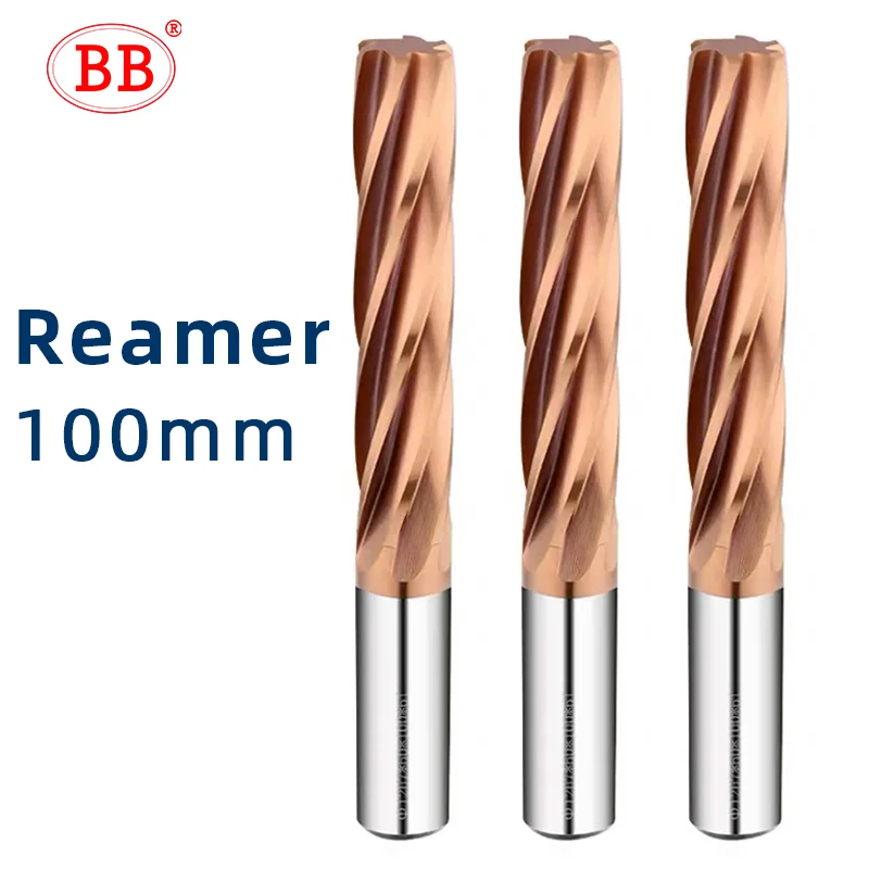 BB 100mm 카바이드 기계 리머 긴 길이 코팅 나선형 플루트 H7 공차 정밀 척 경화 강철 금속 6 플루트|과즙기 ...