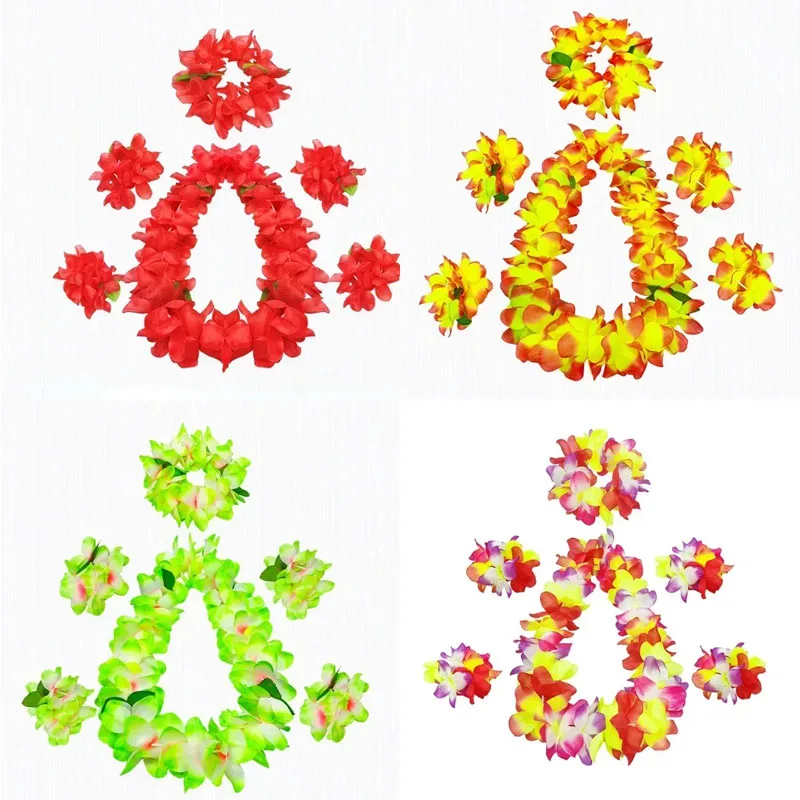 6pcs Hawaiian Lei Luau Necklace Flower Headband Wreath Bracelets ...
