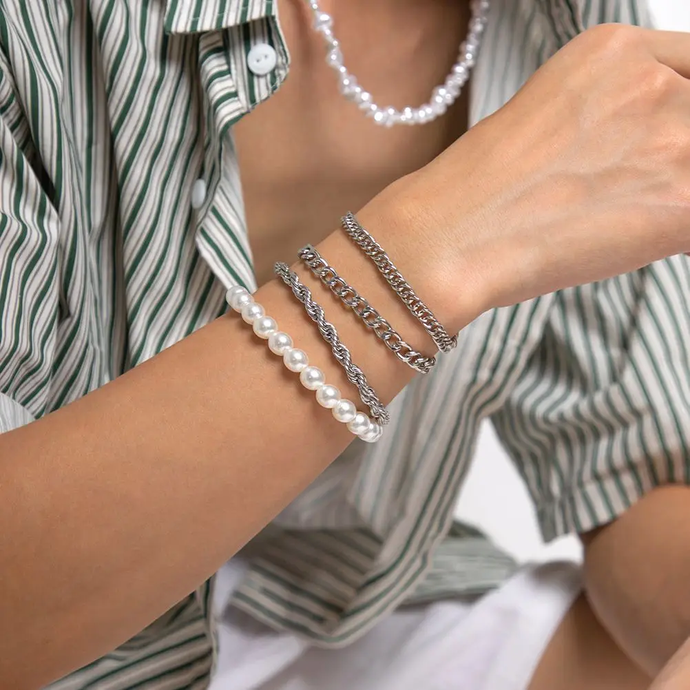 4-Piece-Bracelet-Imitation-Pearl-Bracelet-Man-Temperament-Trend-Twist-Chain-Metal-Bracelet-Set ...