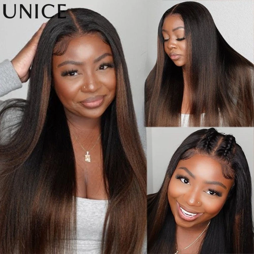 UNice Hair Drawstring Yaki Straight Wig Chestnut Brown Ombre 7x5 Lace ...