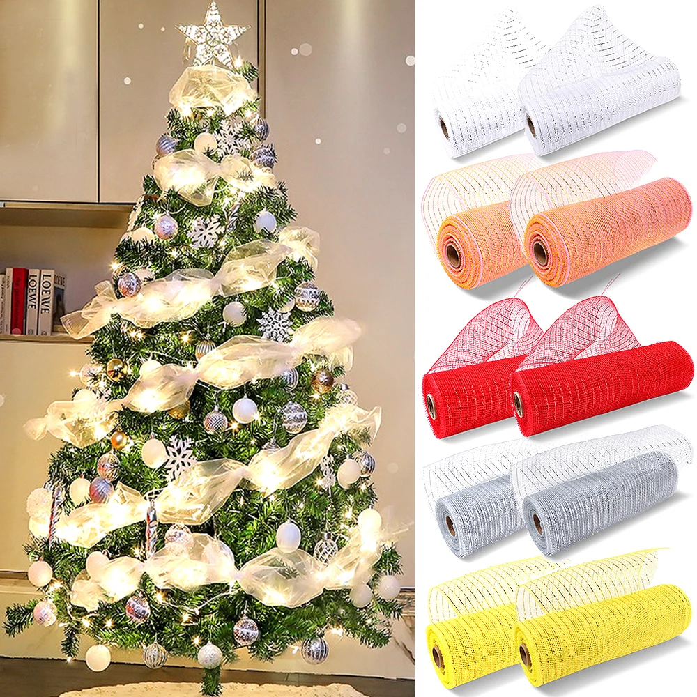 Christmas-Ribbon-Gold-Red-Mesh-Ribbon-Bow-Xmas-Tree-Hanging-Decoration ...