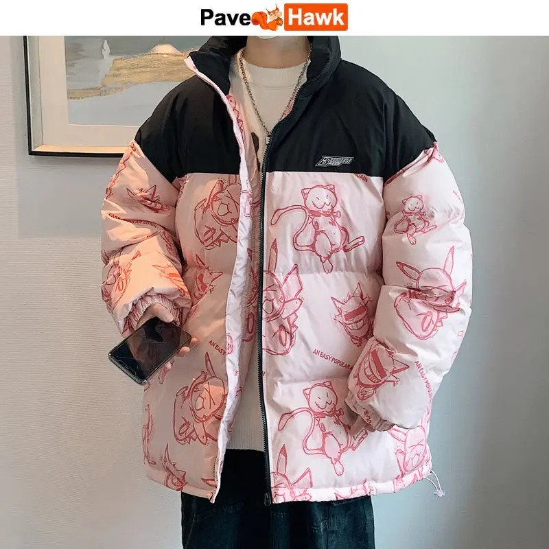 Winter Padded Jacket Men Thicken Patchwork Cartoon Printing Parkas Streetwear Harajuku Zipper ...