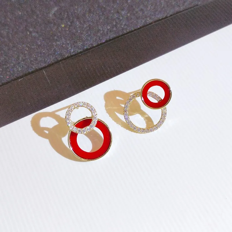 Red-Asymmetric-Round-Stud-Earrings-Black-Enamel-Women-Small-Earrings-Rhinestone-Double-Circle ...