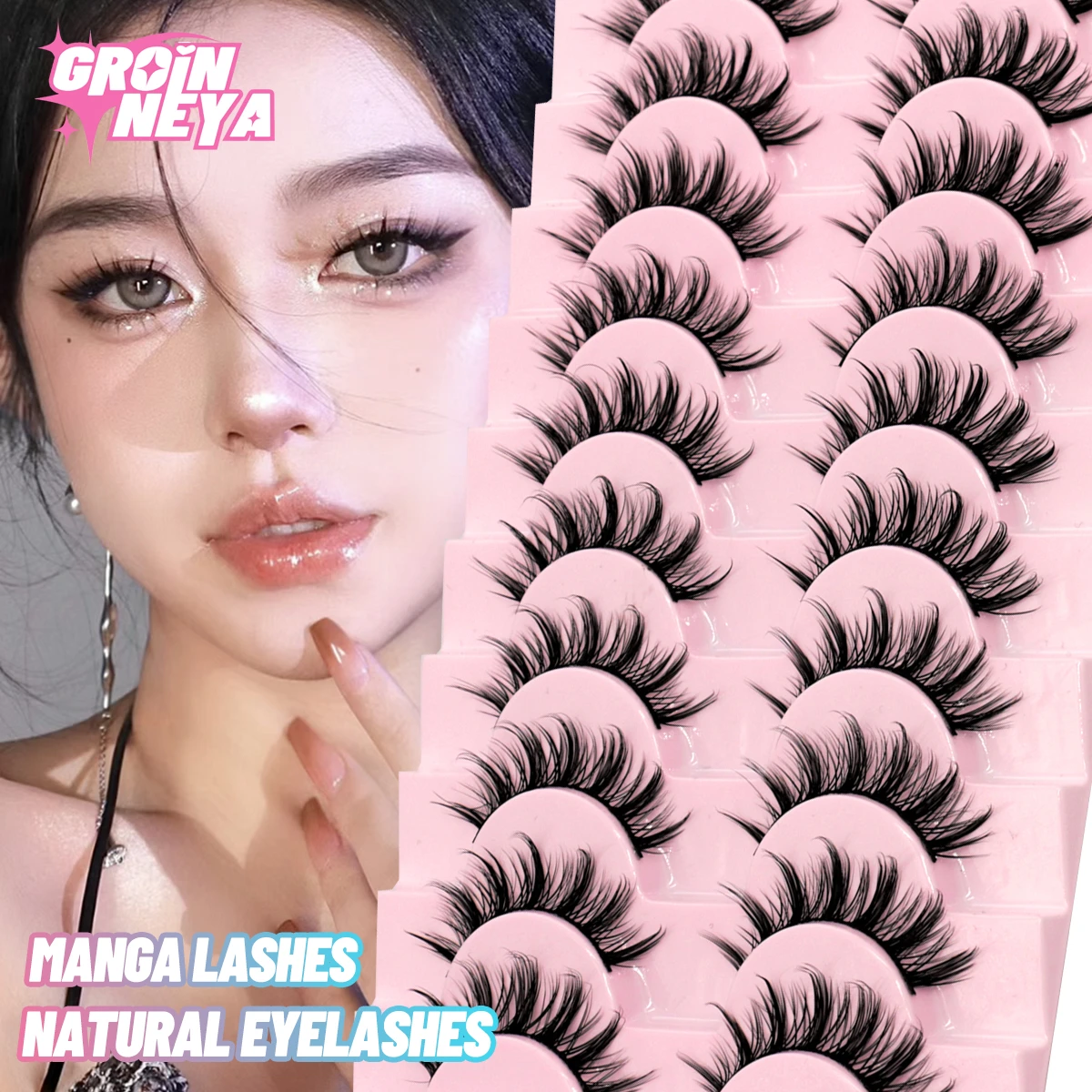 Groinneya 5/10 Pairs Natural False Eyelashes Manga Lashes Fluffy Soft ...
