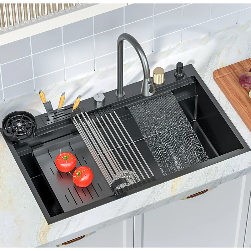 86-52CM-Black-Nano-304-Stainless-Steel-Waterfall-Kitchen-Sink-Large ...