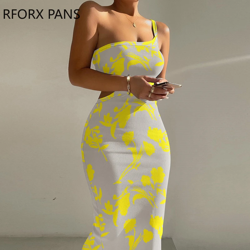 Women Elegant Midriff All Over Print One Shoulder Spaghetti Strap ...