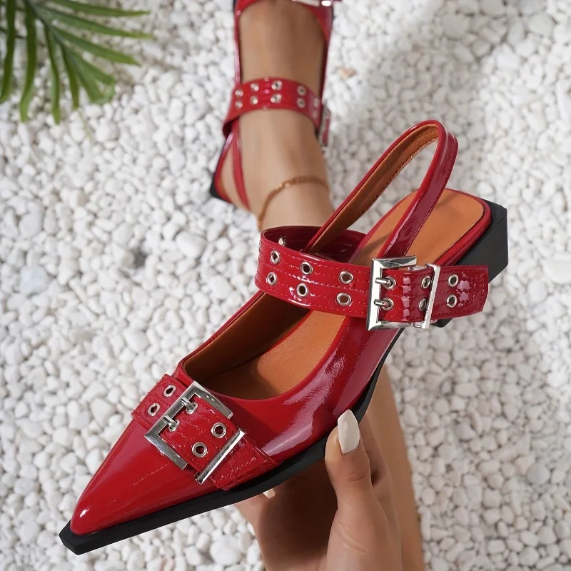 Fashion-Patent-Leather-Rivet-Metal-Buckle-Women-Pumps-Spring-Summer ...