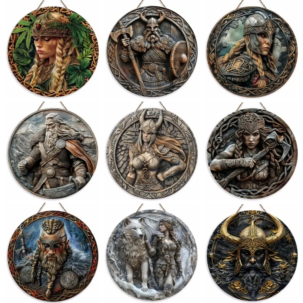 Vintage Norse Mythology Round Wooden Sign, Viking Warrior Art Sign ...