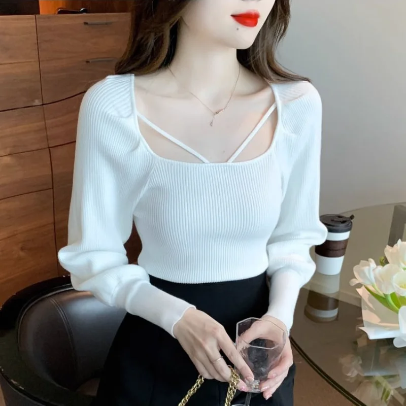 Pull tricoté à col carré français pour femme, coupe cintrée, couche de ...