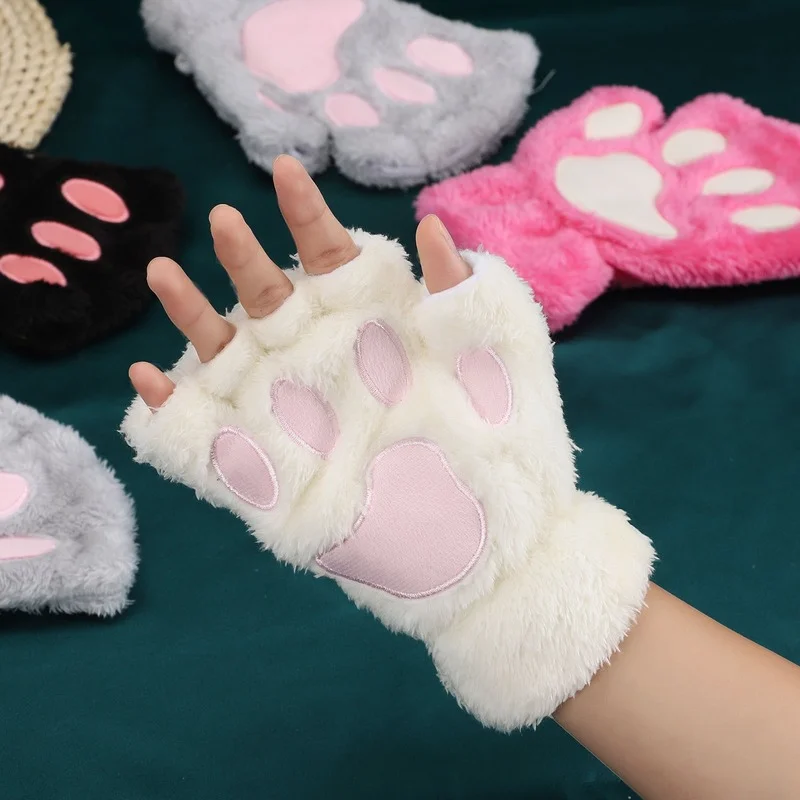 Cute Cat Paw Fluffy Claw Fingerless Gloves Warm Soft Plush Fingerless ...