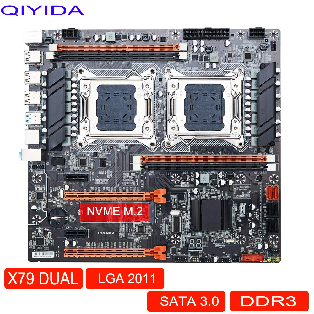 Qiyida x79 placa-mãe dupla lga 2011 4 * ddr3 reg ecc usb3.0 sta3 pci-e 3.0 com placa-mãe de processo