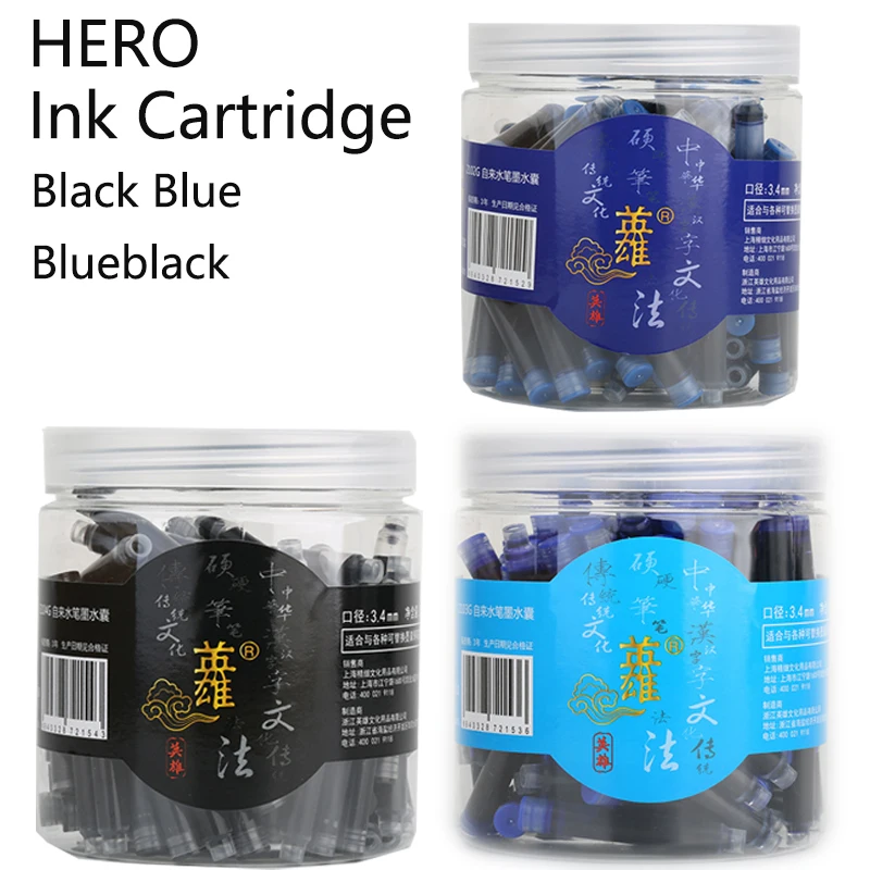 Pack of 100 - Hero Ink Fountain Pen Ink 3.4MM Cartridge Disposable Blue ...