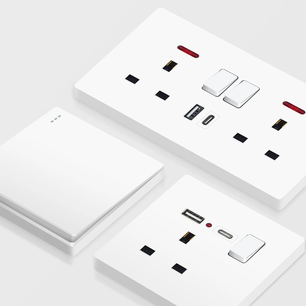 SRAN UK Standard Socket usb C 13A 250V,1/2/3gang 2Way Switch,86*146mm PC Panel,Universal 3pin ...